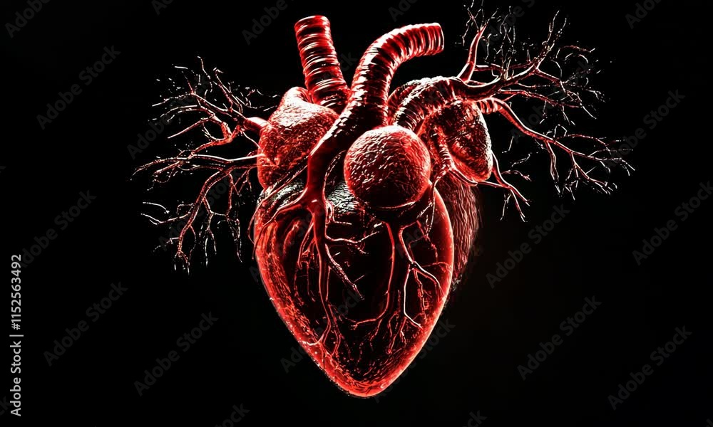 Human heart beating showing the valves. The camera revolves around a ...