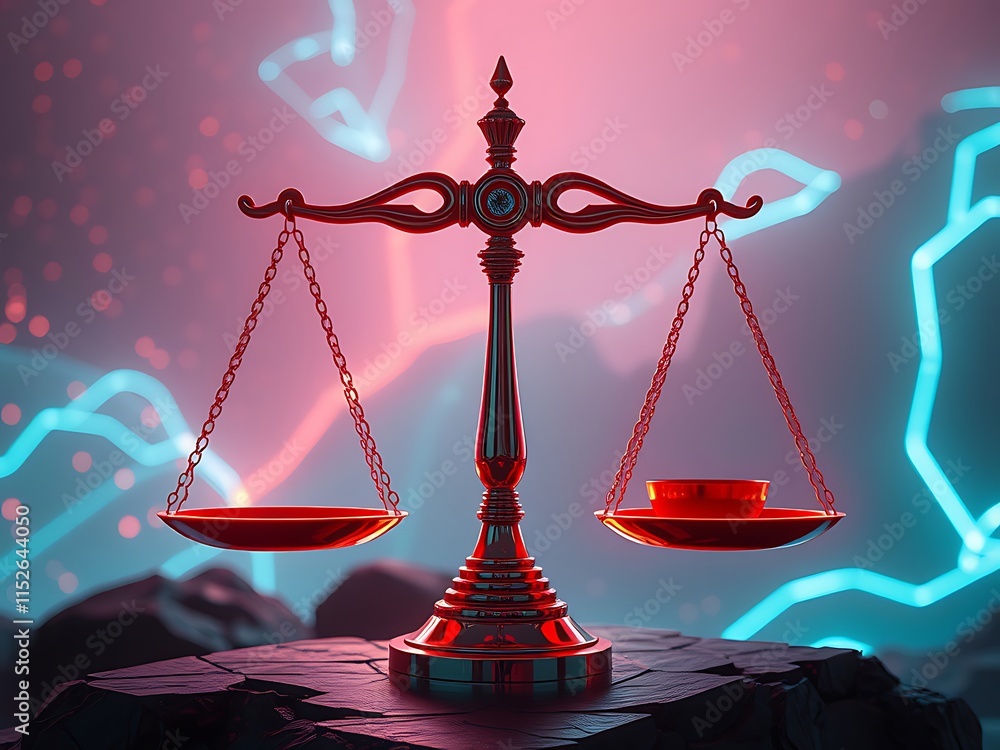 Photo & Art Print Red Scales of Justice: Neon 3D Render in a Volcanic ...