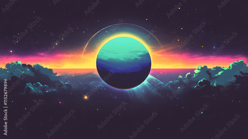 Solar eclipse overlay effect neon blue, yellow, green, purple blazing ...