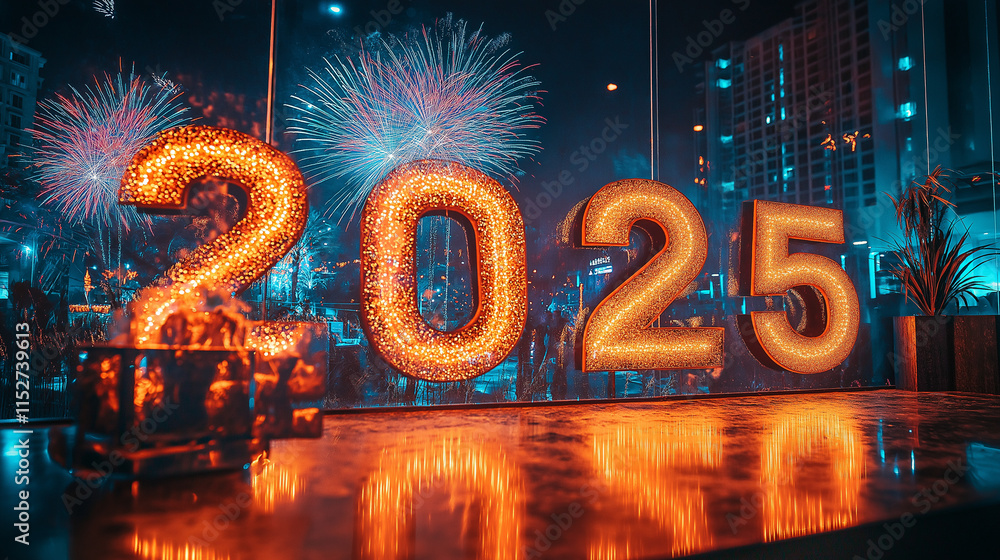 Props and Fireworks Reflection: Large "2025" numbers arranged near a ...