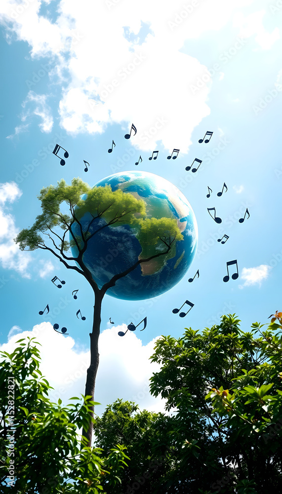 Harmony of nature, music planet earth music notes in the sky around ...