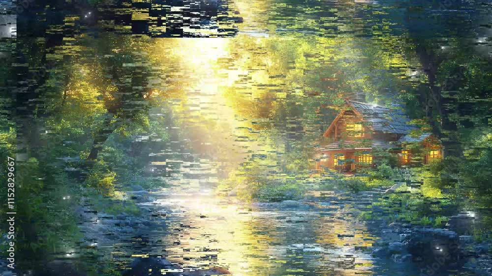 Serenity flows through a lush forest with cabins beside a tranquil ...