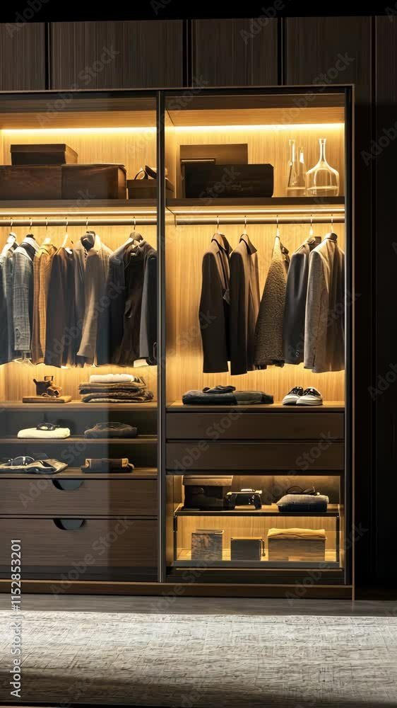 Modern wardrobe design featuring neatly arranged garments and ...