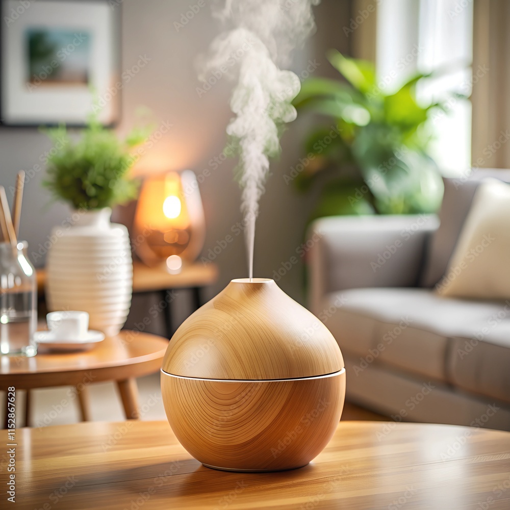 Elegant wooden diffuser sits gracefully on a table, releasing gentle ...