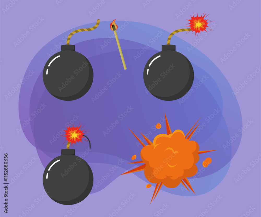 Poster Bomb burning and exploding vector illustrations set – Wall Art ...