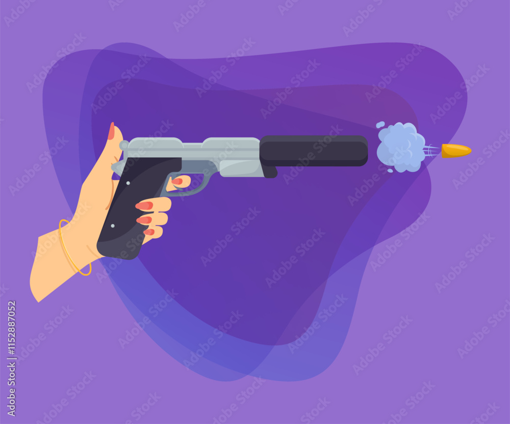 Female hand firing gun vector illustration. Cartoon drawing of woman ...