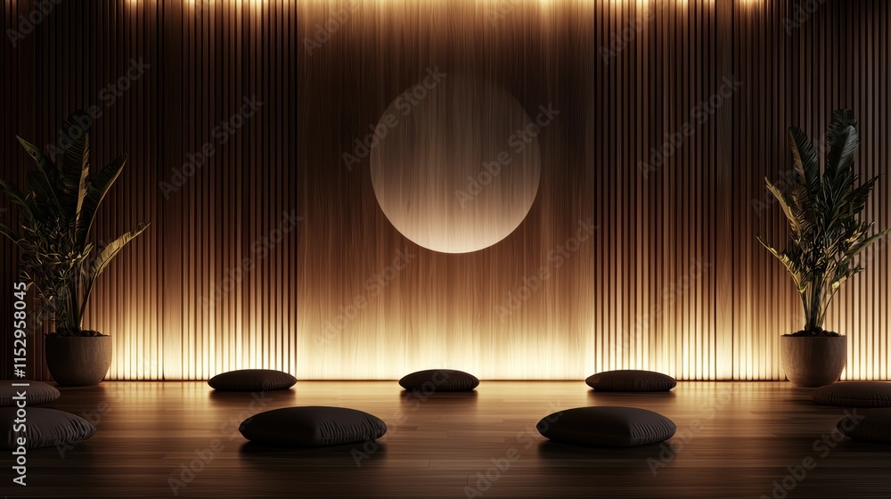 A minimalist meditation space featuring a softly lit ambiance, circular ...