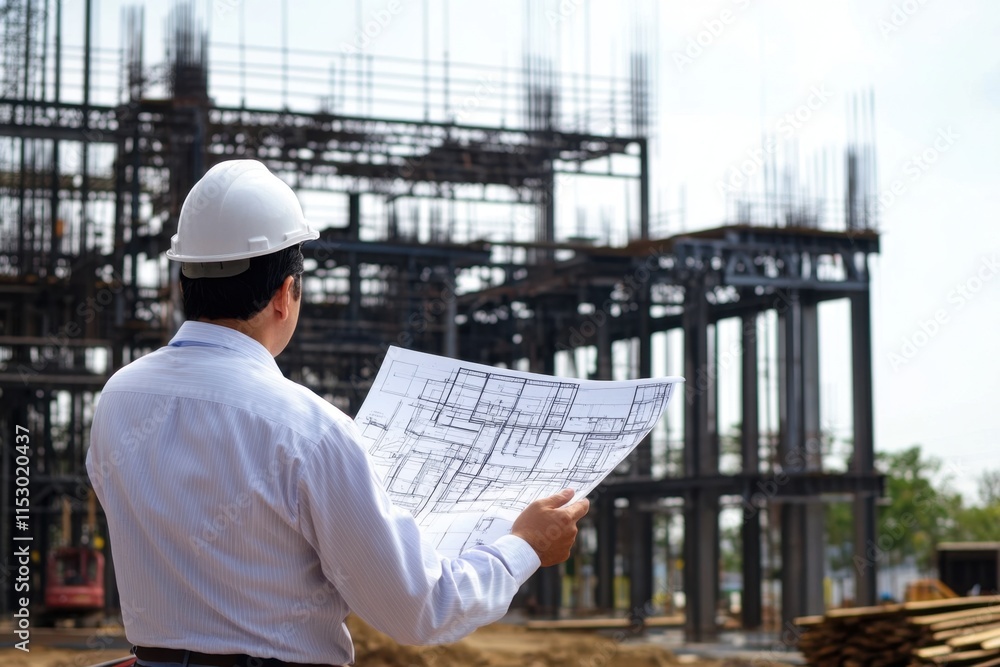 Architect analyzing steel standard blueprints at construction site ...