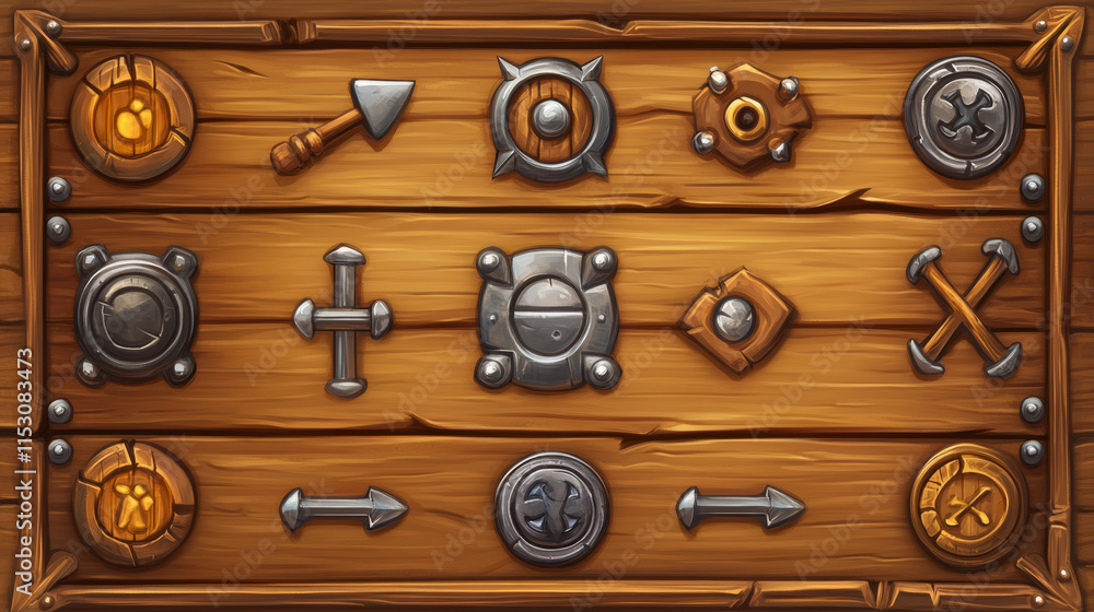 Wood pirate ui game frame and board button vector. Wooden texture menu ...