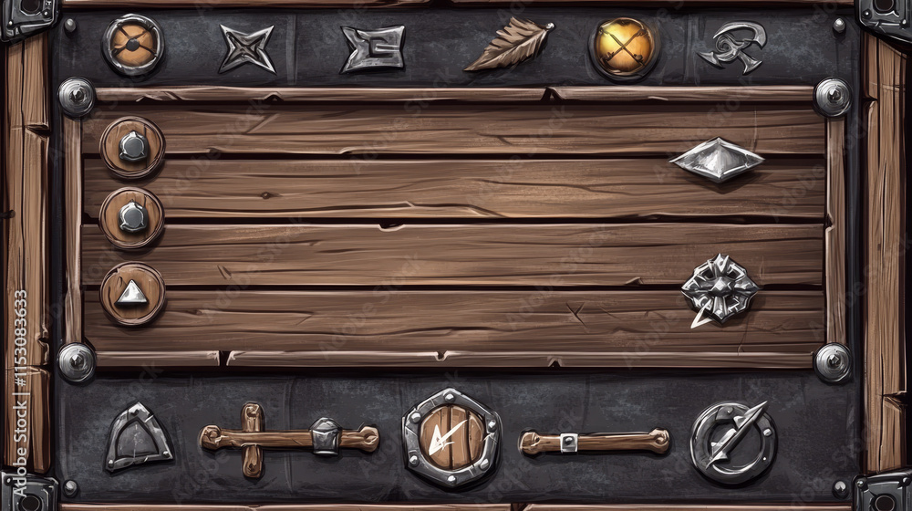 ภาพประกอบสต็อก Wood pirate ui game frame and board button vector ...