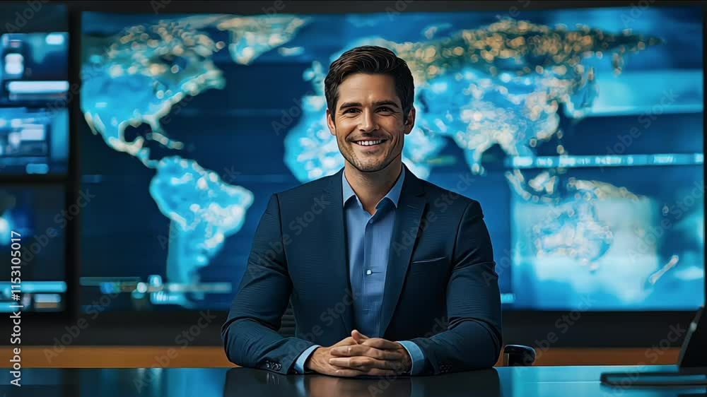 Charismatic male anchor presenter reporting. Anchorman reporting tv ...