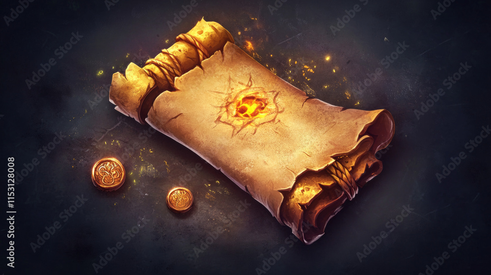 Old magic parchment paper scroll game ui icon. Ancient medieval papyrus ...