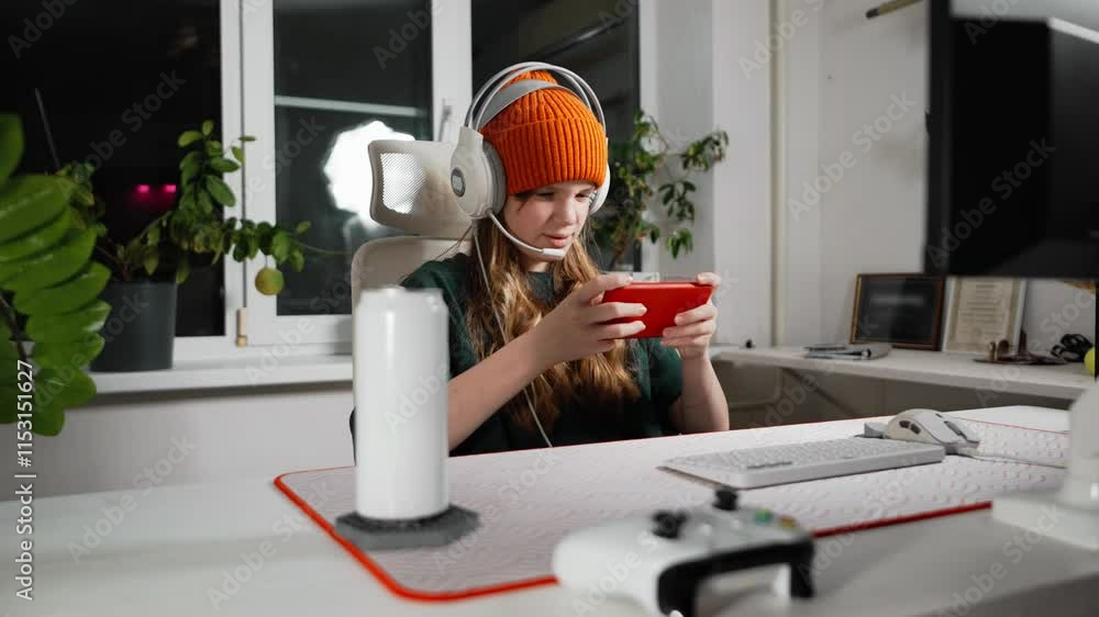 Young woman sits in chair at desk, fully immersed in interactive mobile ...