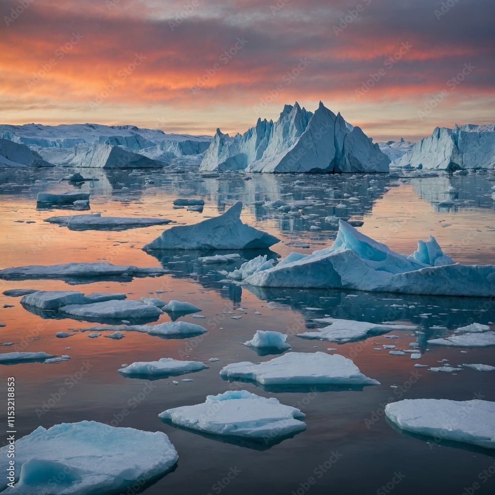 "An awe-inspiring Arctic landscape of Ilulissat Icefjord in Greenland, featuring massive ...