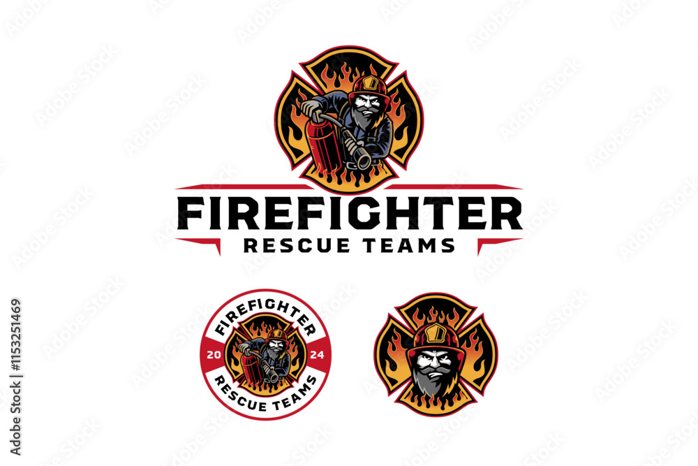 bearded firefighter holding fire extinguisher character mascot colorful ...