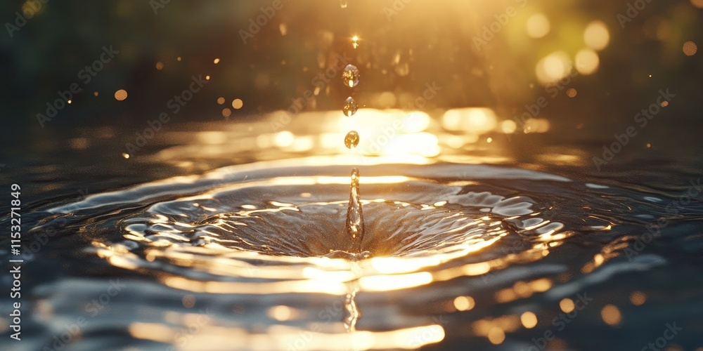 Fresh water drop falling from a tap in the morning light, showcasing ...