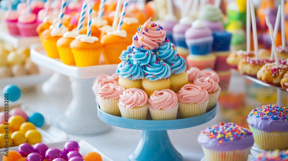 Delightful candy table featuring an array of muffins and festive floats ...