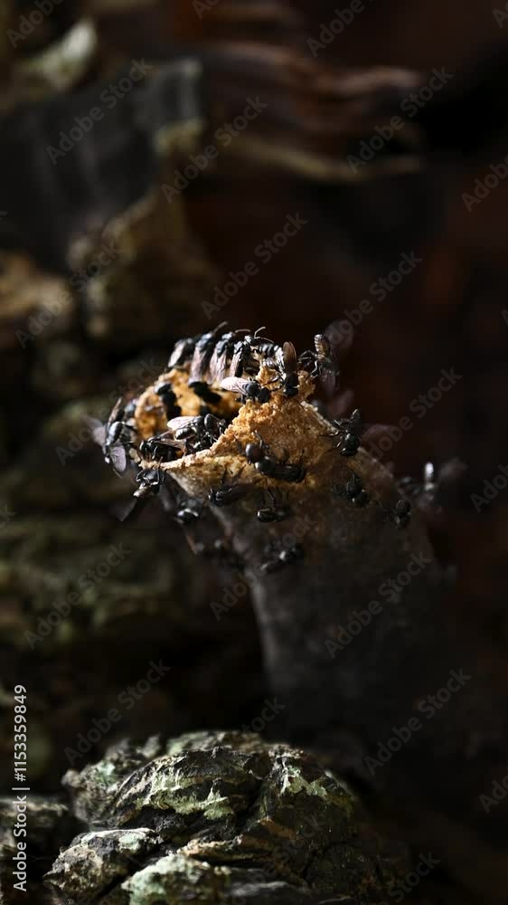 Close up of bees entering a cylinder-shaped honeycomb on a tree ...