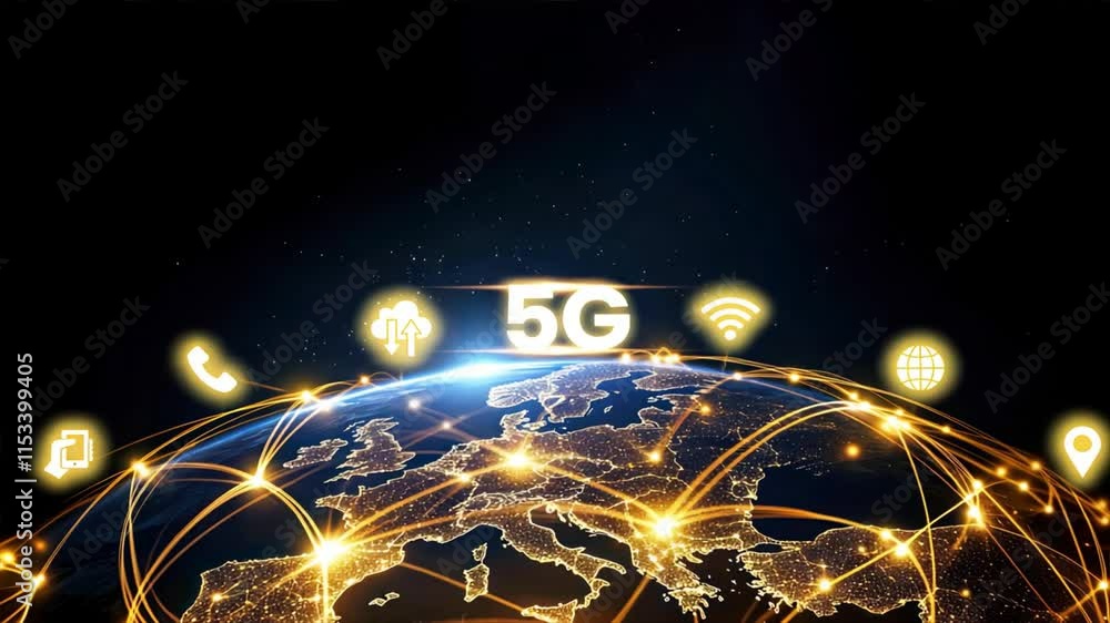 A glowing earth globe with a digital network and 5G icons symbolizing internet speed, 5G ...