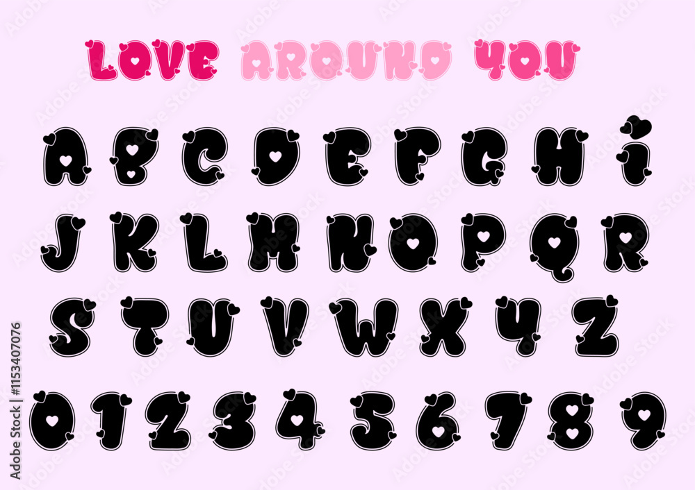 Poster Set Alphabet Letters and Numbers with heart pattern, letter of ...