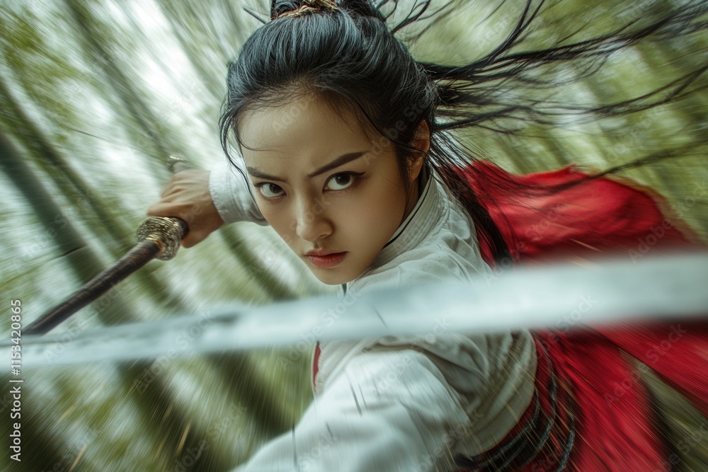 Martial arts warrior woman performing a sword attack in a dynamic pose ...