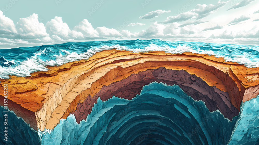 Detailed cross-section of earth's crust showcasing plate tectonics and ...