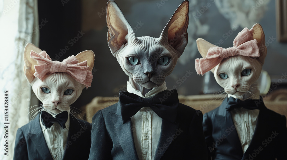 Gentleman Sphynx Cat with a Bowtie and Two Sphynx Kittens with Pink ...
