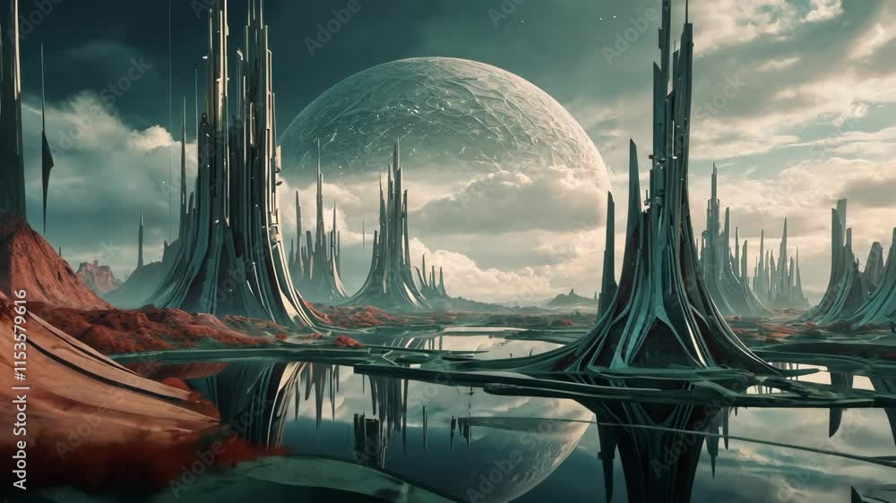 Video footage of surreal alien landscape with towering, spire like ...
