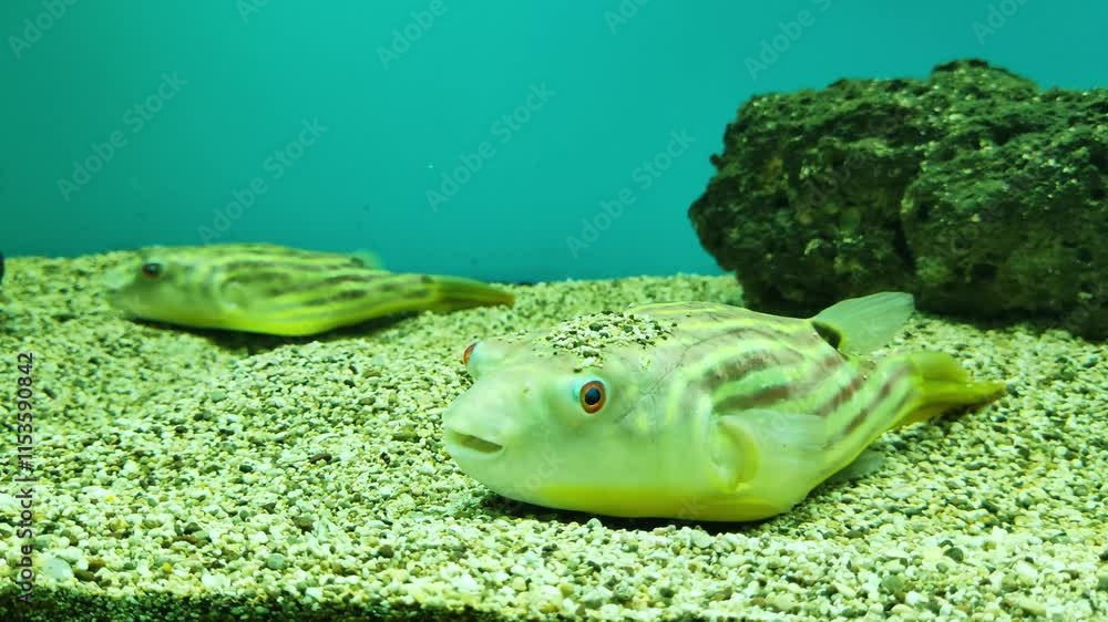 Tetraodon. An unusual group of fish with a tiger coloration and an ...