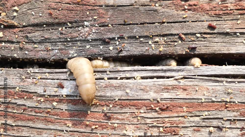 Wax moth larvae and their excrements. Honeycomb damaged by wax moth ...