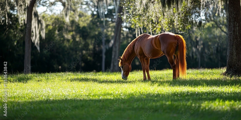 Telephoto image of a mare grazing on lush grass, with a backdrop of ...