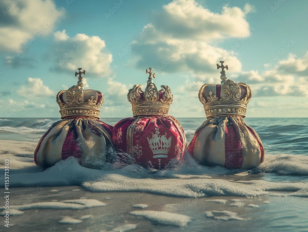 las coronas de los tres reyes magos de oriente con con bolsas de ...