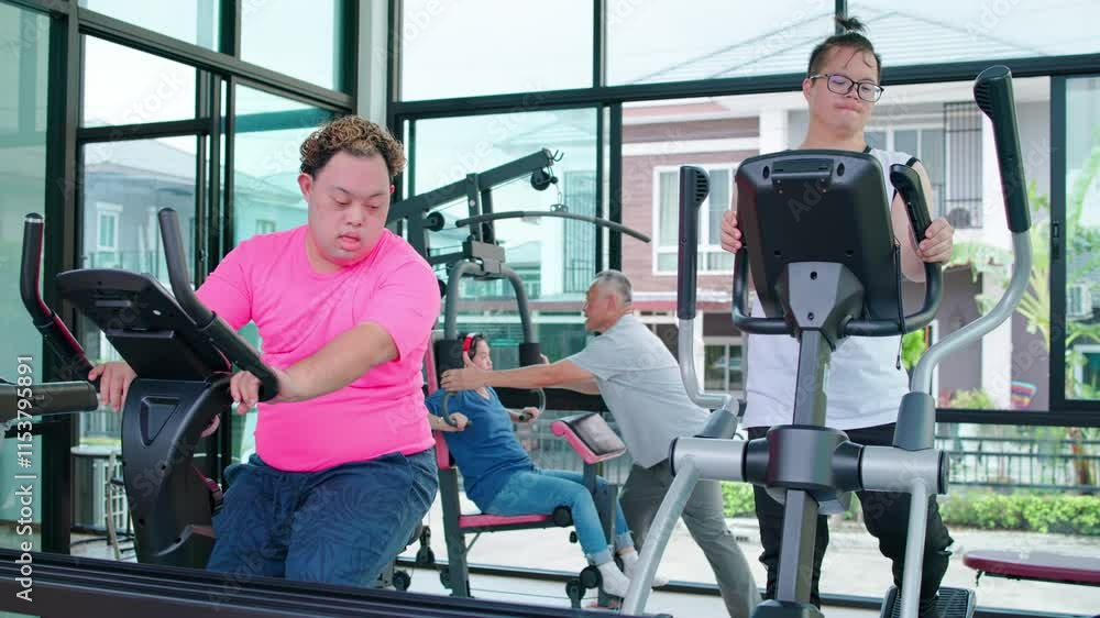 Disabled children, autistics, go to the gym, exercise in the fitness ...