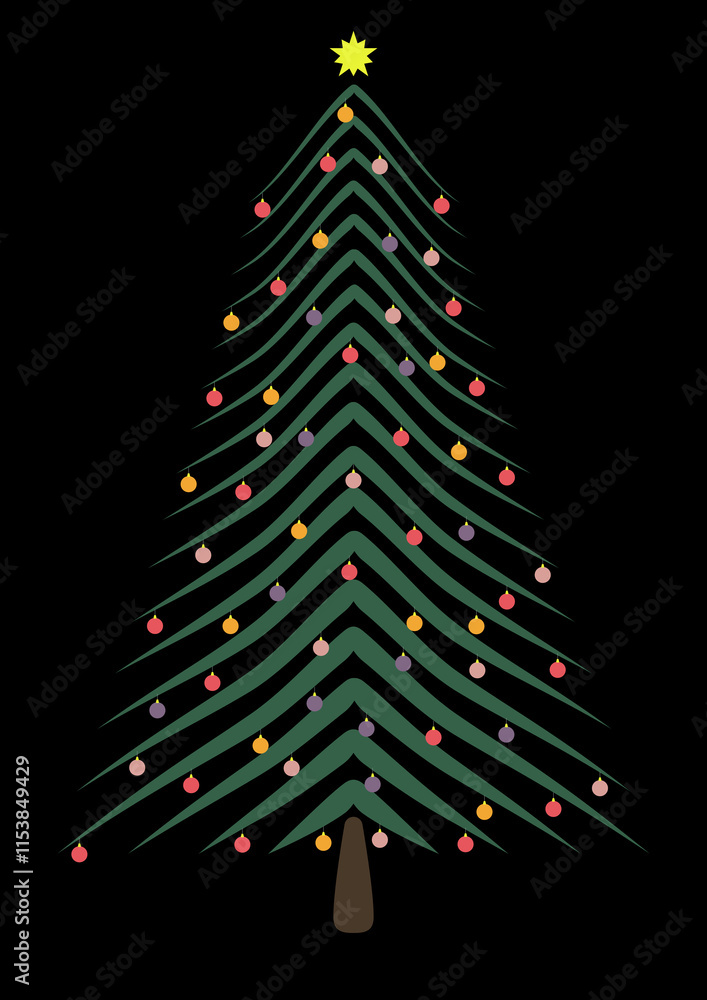 Dessin d'un sapin de Noël stylisé décoré de boules et surmonté d'une ...