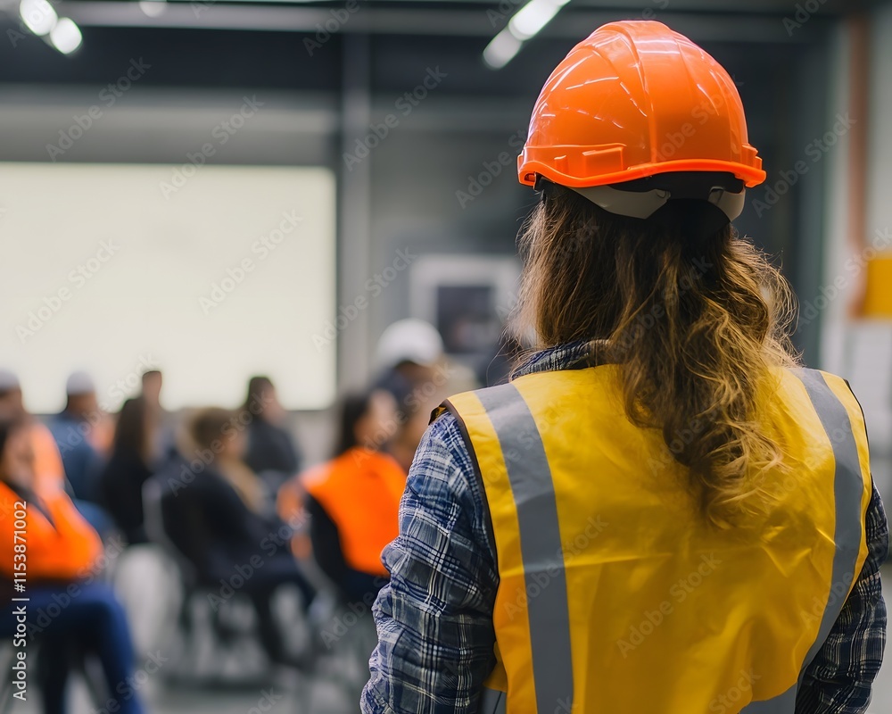 Worker in safety gear attending a meeting, focusing on industrial ...
