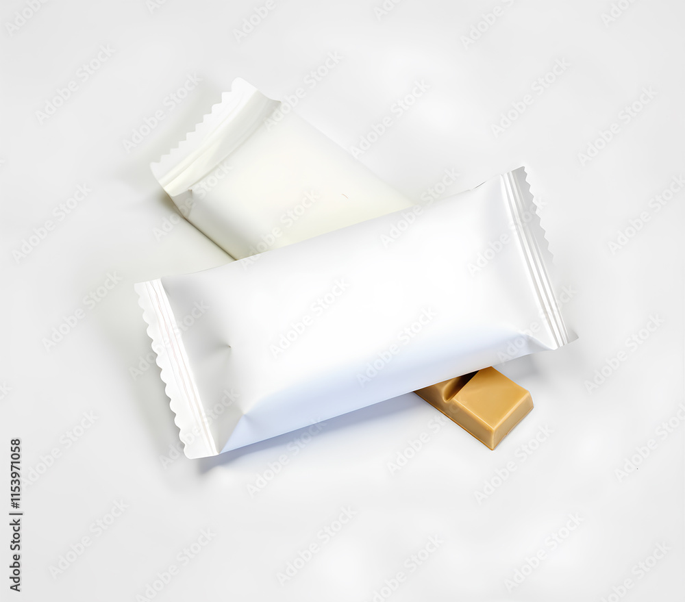 Blank white candy bar plastic wrap mockup isolated. Closed and opened ...