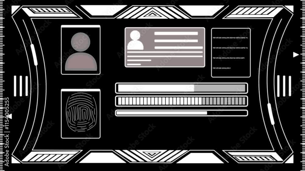 Abstract neon HUD frame, with face and fingerprint check, and ID card ...