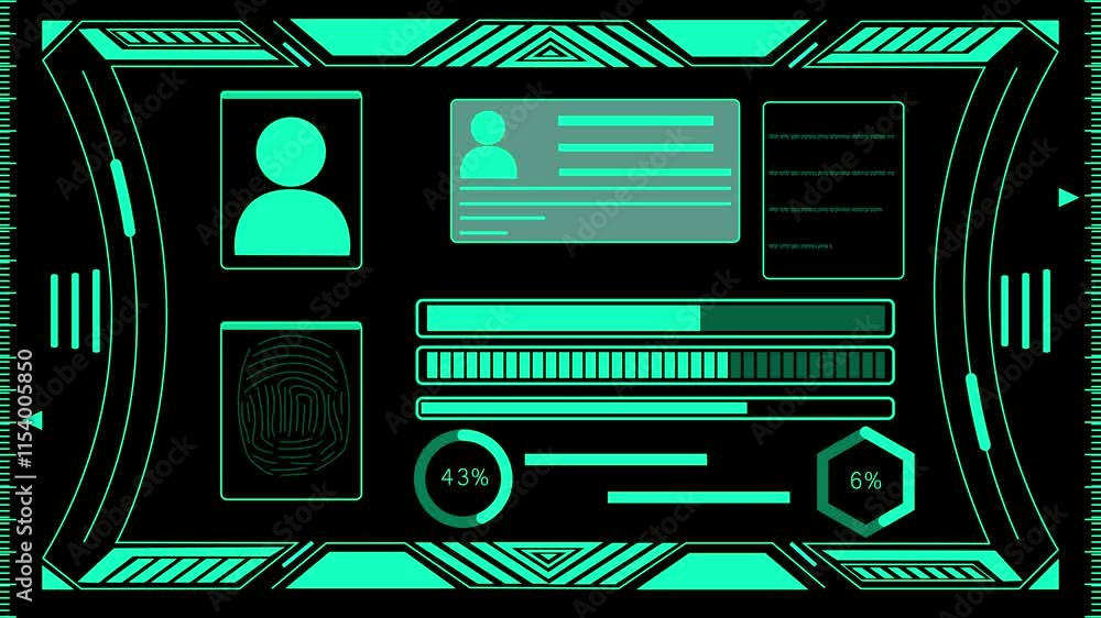 Abstract neon HUD frame, with face and fingerprint check, and ID card ...