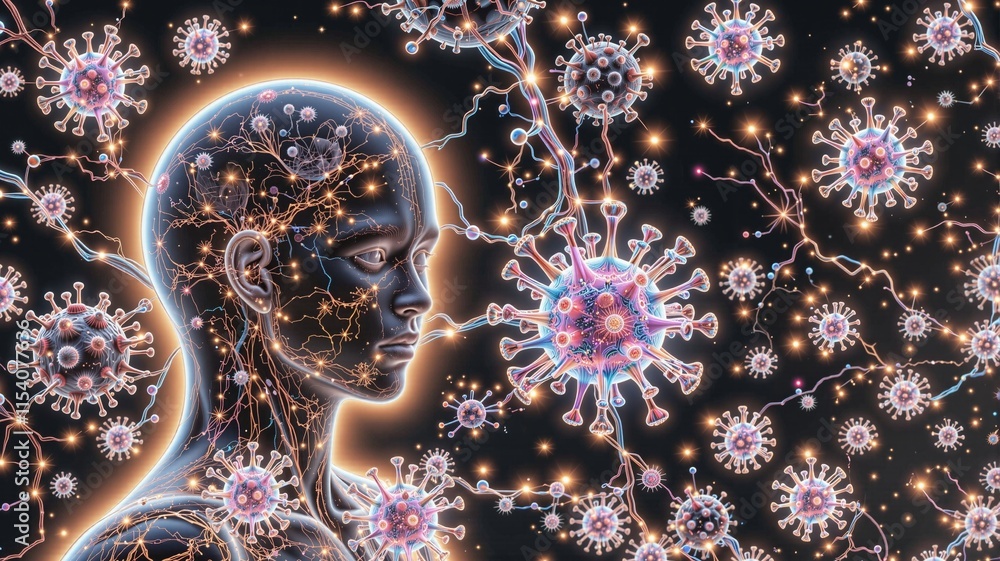 Abstract human head silhouette with virus particles and connected ...