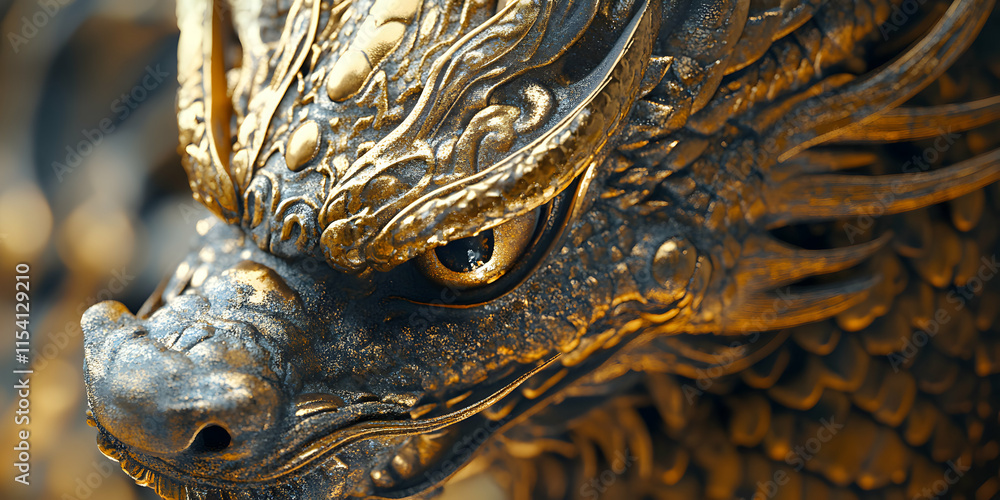 Majestic Golden Dragon: Close-up of a powerful, intricately detailed ...