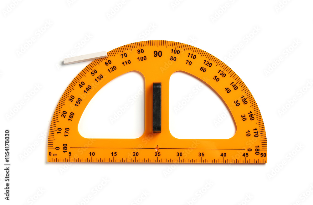 Poster Protractor ruler and chalk isolated on white, top view – Wall ...