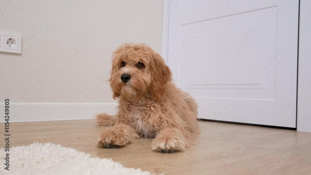 Dog of a Cavapoo or Cockapoo breed in home. Close-up of curly brown ...