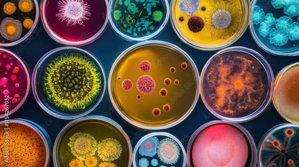 Petri dishes filled with vibrant bacterial cultures showcase various ...