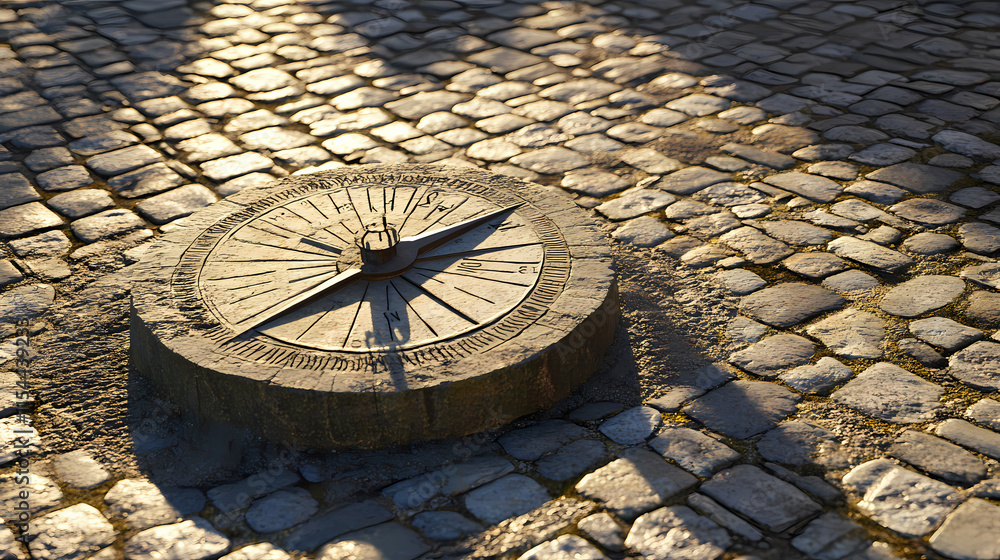 Poster Stone sundial on a cobbled patio casting a shadow – Wall Art ...