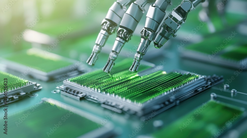 Robotic Arm Interacting with Green Circuit Boards in a High-Tech ...