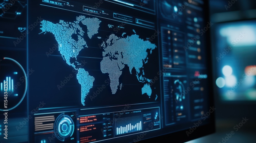 High-Tech Digital World Map on Screen with Analytics Data Display in a ...