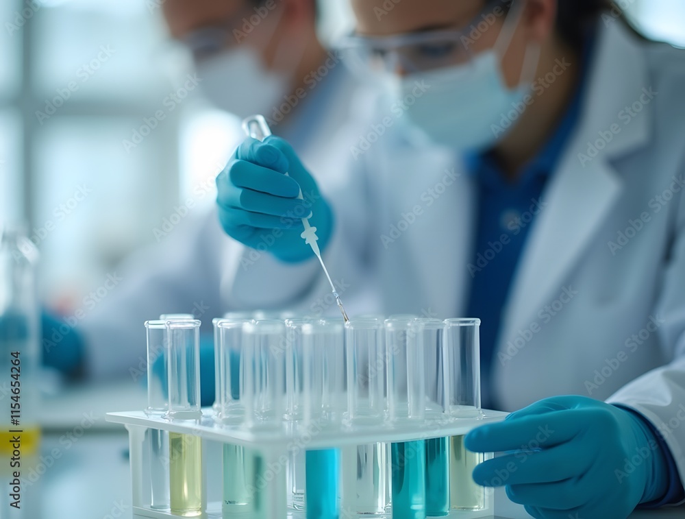 Scientist using pipette to add liquid to multiple transparent test ...