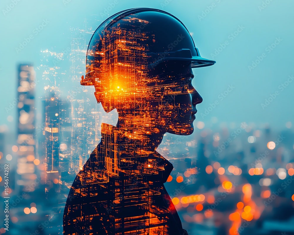 Engineer wearing a helmet, looking at construction work, with double ...