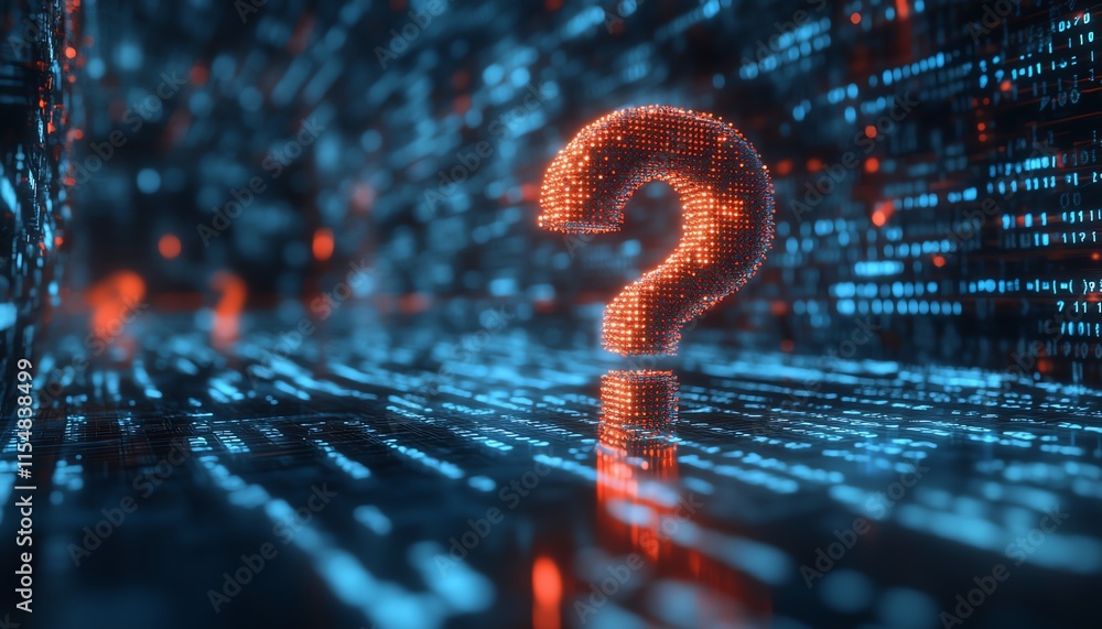 3D rendering of a modern business workspace with holographic question ...