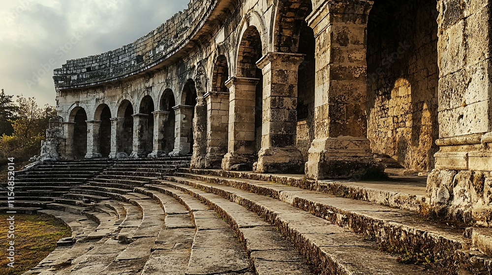 Ruins of an ancient amphitheater, featuring detailed stone arches and ...